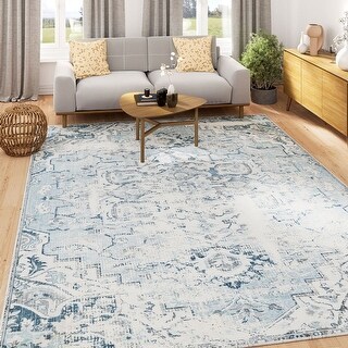 KUKOON Denim Blue Distressed Oriental Washable Area Rug - Bed Bath ...
