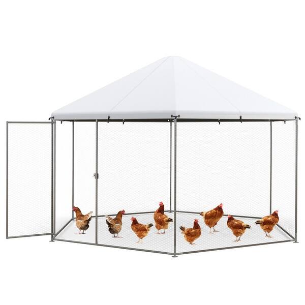 13FT Large Metal Hexagonal Chicken Coop with Wire Mesh and Lockable ...