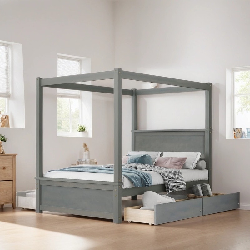 Full Size Canopy Platform Bed with 4-Drawers, Solid Wood Bed Frame with ...