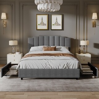 Linen Upholstered Platform Bed Frame with 2 Drawers and Rivets Design ...