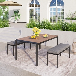 MAISON ARTS Patio Aluminum Outdoor Dining Set Rectangle Wood Grain Table Chair/Bench Set - 3 ...