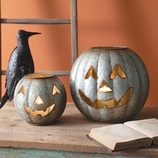 Set of Two Galvanized Pumpkin Luminaries - Largest is 13'' dia. x 12''H ...