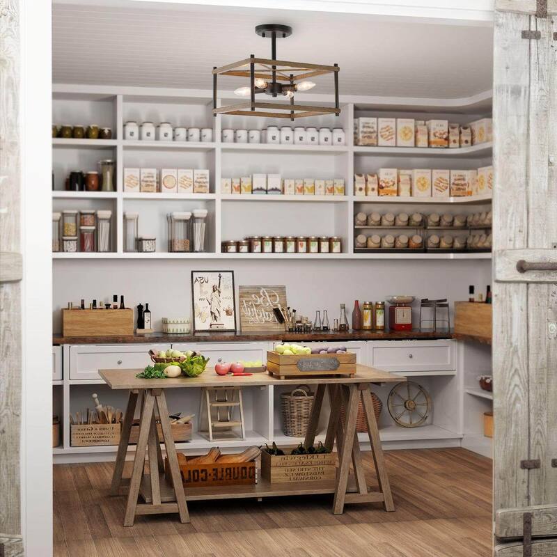 Modern Farmhouse 4-Light Semi-Flush Mount Cage Wood Grain Ceiling ...