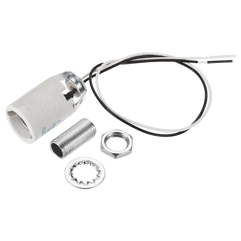 E12 Bulb Socket Ceramic Bulb Lamp Holder with M10 Lamp Pipe Nut & Wire - White, Silver Tone ...