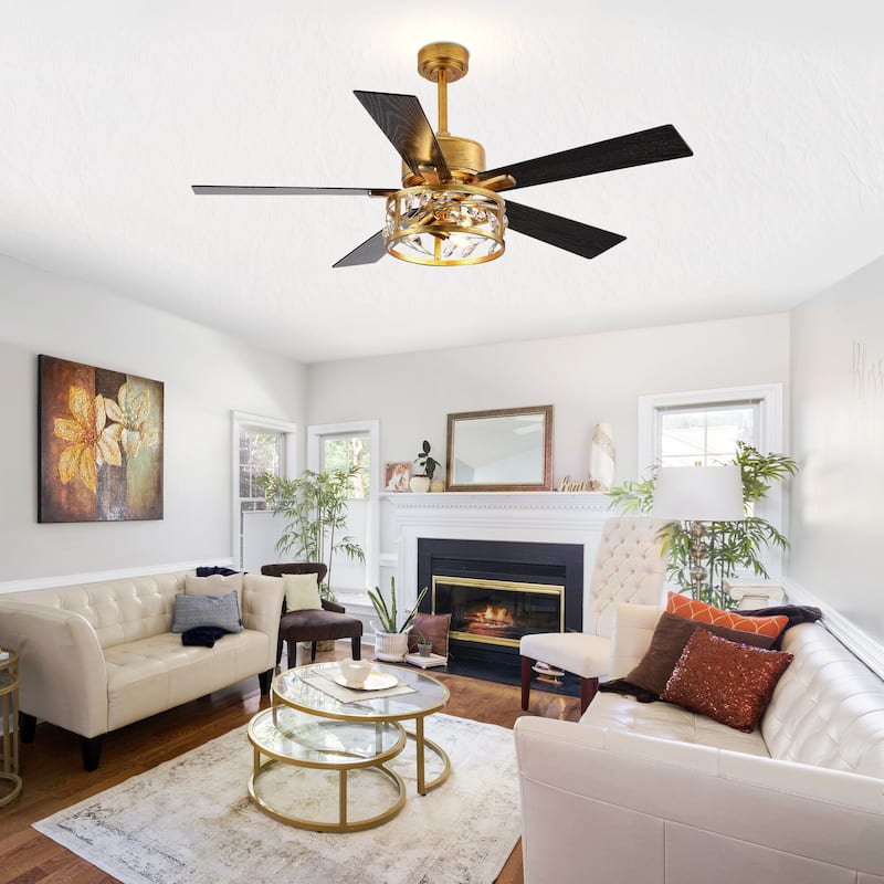 52" 5 Blade Vintage Gold Ceiling Fans with Crystal Lights Remote ...