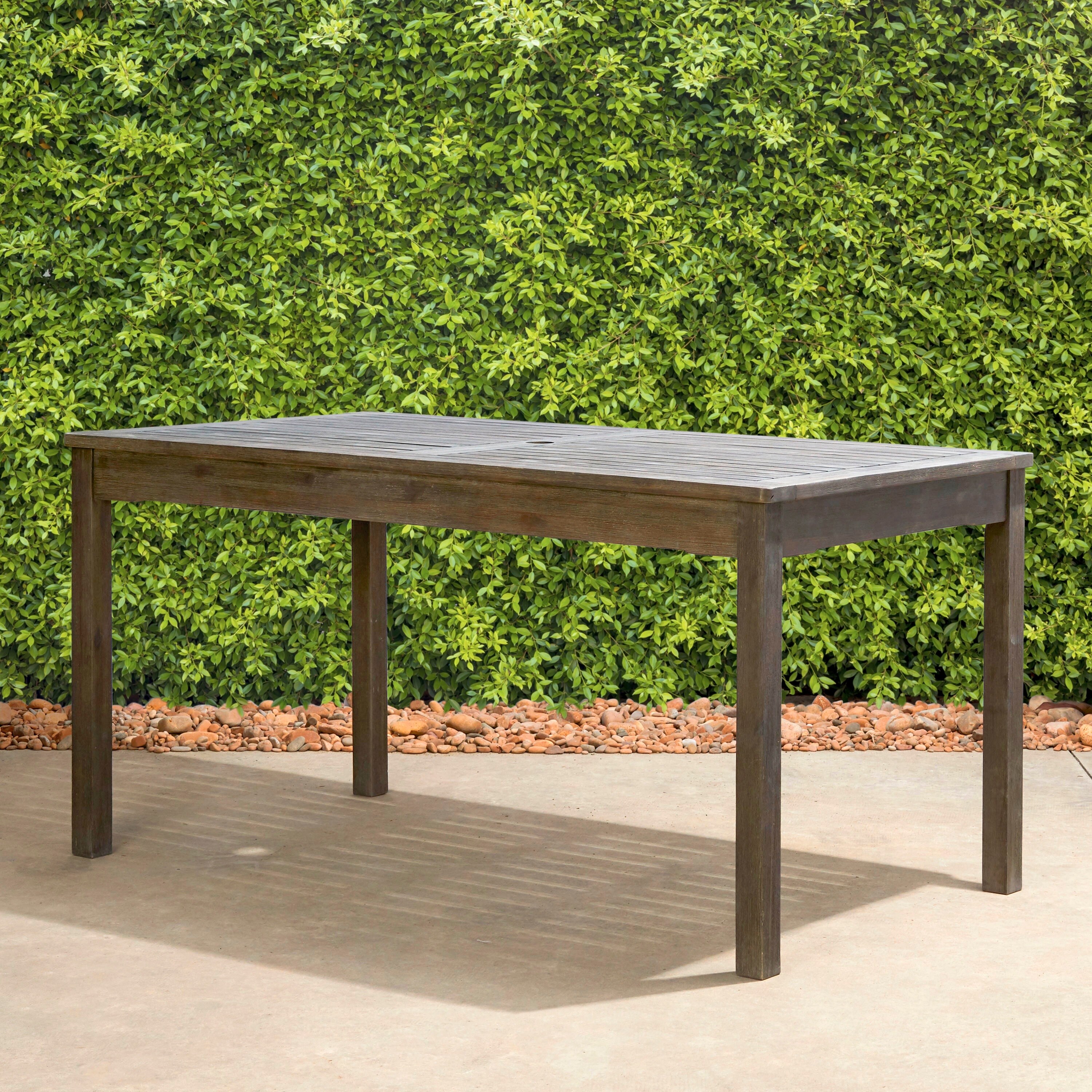 Grey Washed Farmhouse Wood Dining Table Outdoor Patio 6 Seater Rectangular Dining Table w Umbrella Hole for Garden