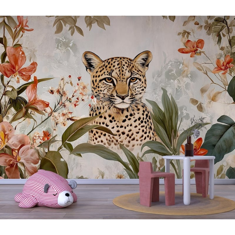 Leopard Floral Wallpaper / Watercolor Leopard Wall Mural - Overstock ...