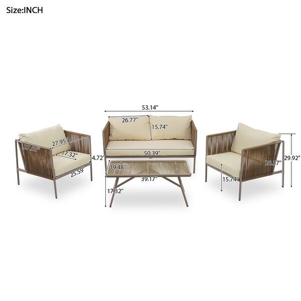 4-Piece Rope Sofa Set with Thick Cushions and Toughened Glass Table ...