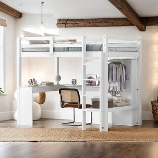 Twin Size Loft Bed with L-Shaped Desk and Headboards, Wood Frame ...