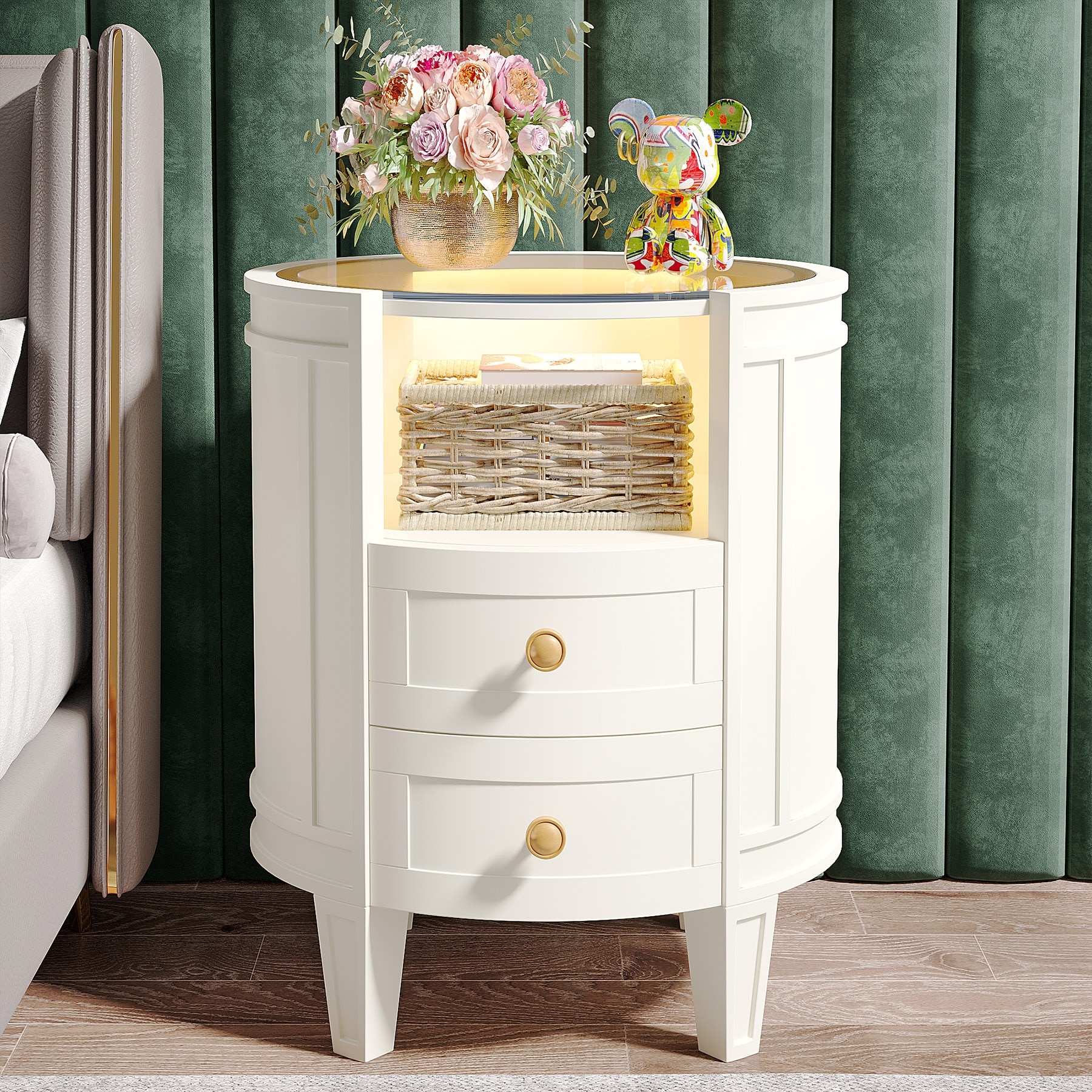 Round LED Bedside Table Nightstand with 2 Drawers and Open Shelf for Bedroom On Sale Bed Bath Beyond 39681890