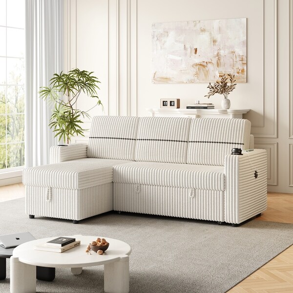 85 Inches Corduroy Sofa Bed 3 Seater Sleeper Sofa Pull out Couch Bed with Storage Chaise Lounges Cup holder USB Charge Port On Sale Bed Bath Beyond 41079351