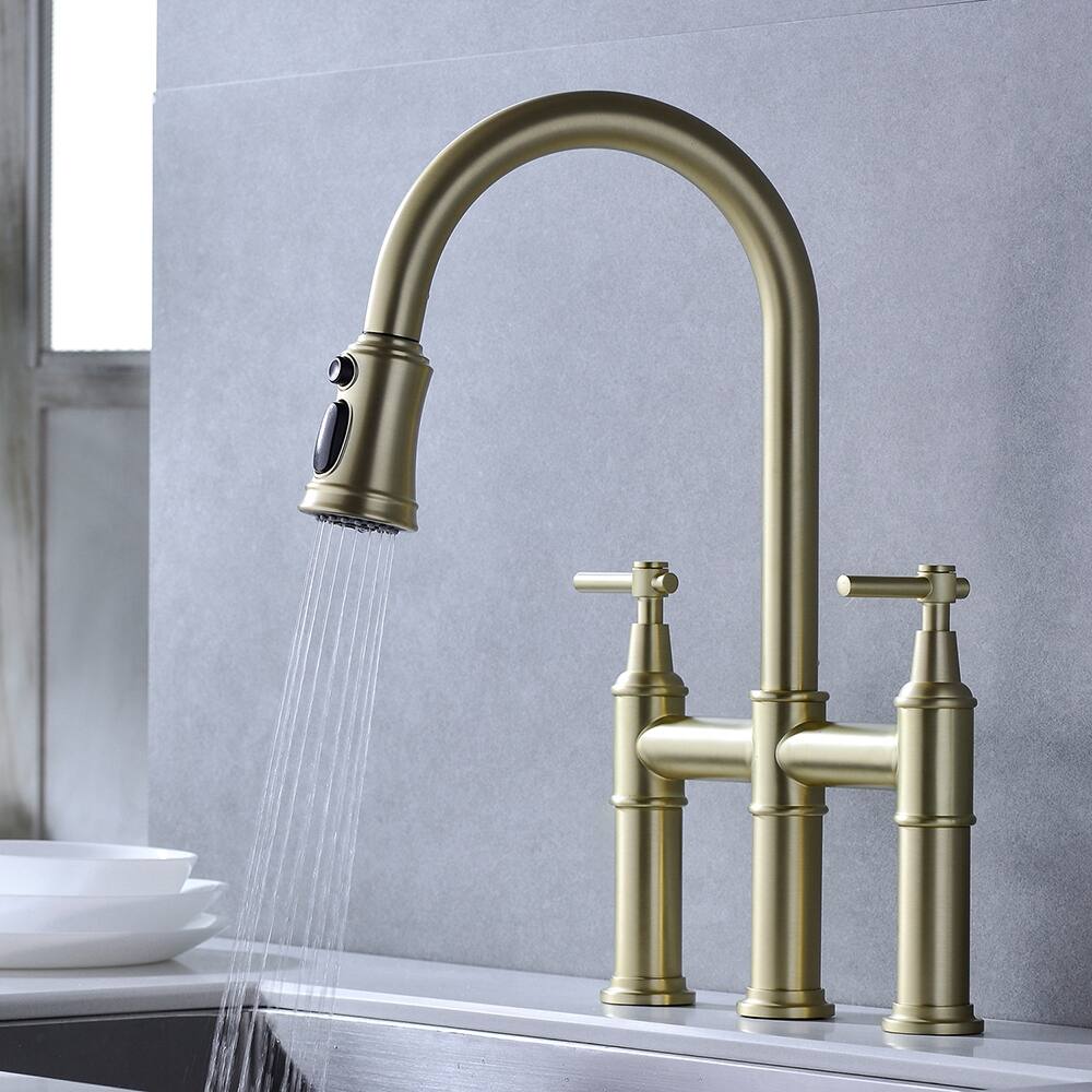 Double Handles Bridge Kitchen Faucet w/Pull Down Sprayhead Sink Faucet ...