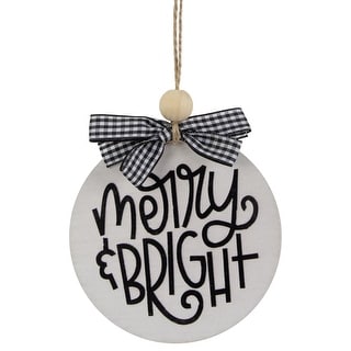 4" Black White Merry Bright Christmas Disc Wooden Ornament Plaid Bow ...
