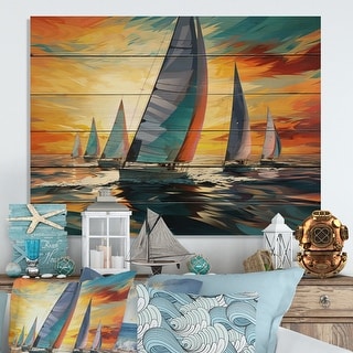 Designart "Sailboat Bold Regatta" Sailing Boat Print on Natural Pine ...