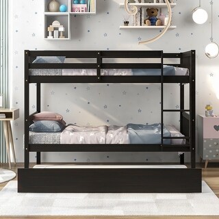 Espresso Twin Over Twin Bunk Bed for Kids with Trundle and Guard Rails ...