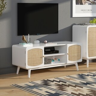 White TV Console Table with Rattan Door - Bed Bath & Beyond - 37311025