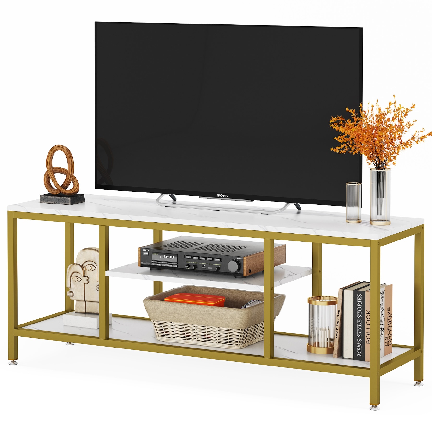 TV Stand for 65 Inch TV 3 Tier Entertainment Center TV Cabinet for Living Room Gold and White On Sale Bed Bath Beyond 36141371