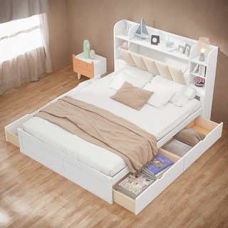 Wooden Storage Headboard Queen Size Platform Bed with Shelves and 4 ...
