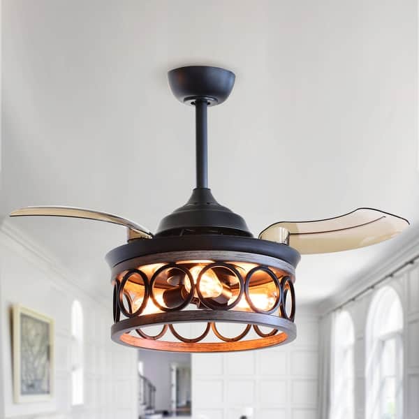 36-in Modern Matte Black 3-Blade 3-Light Retractable Caged Ceiling Fan ...