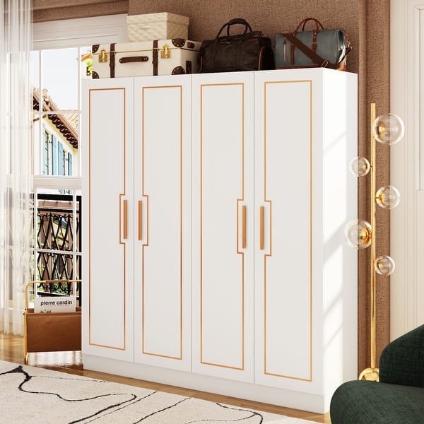 Elegant 4-Door White Wardrobe with Golden Accents Armoires Closet - Bed ...