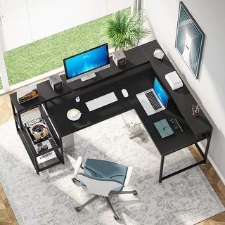 69 Inch L Shaped Desk with Monitor Stand, Large Reversible Corner Desk ...