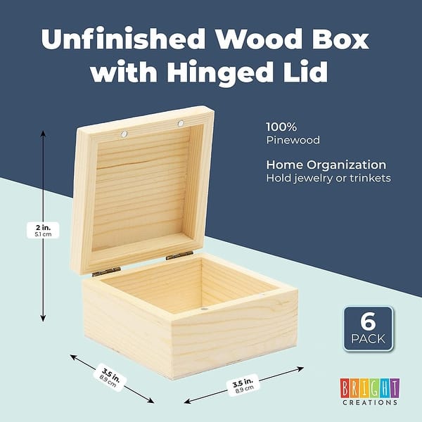 6 Pack Unfinished Wooden Boxes with Hinged Lids, Pinewood Magnetic Wood ...