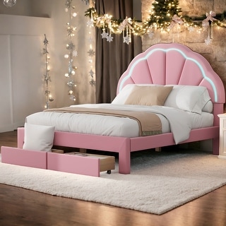 Full Size Upholstered Platform Bed with Seashell Shaped Headboard, LED ...