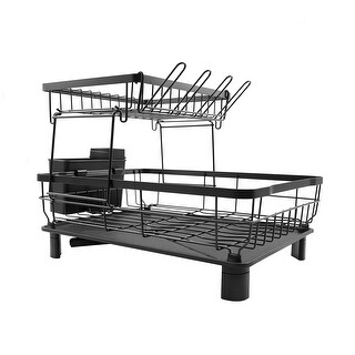 2 Tiers Black Iron Dish Drying Rack - with 360° Swivelling Drain Spout ...