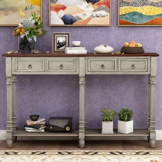 Console Table with Round Knob Drawers and Bottom Shelf, Grey - Bed Bath ...