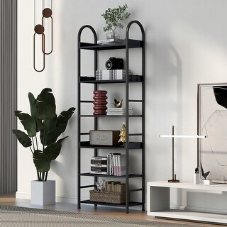 70.8" Tall Bookshelf 6-Tier Shelves Round Top Frame Open Storage Stand ...