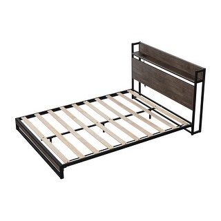 Queen Metal Platform Bed w/ Wooden Headboard, Built-In Power Sockets ...