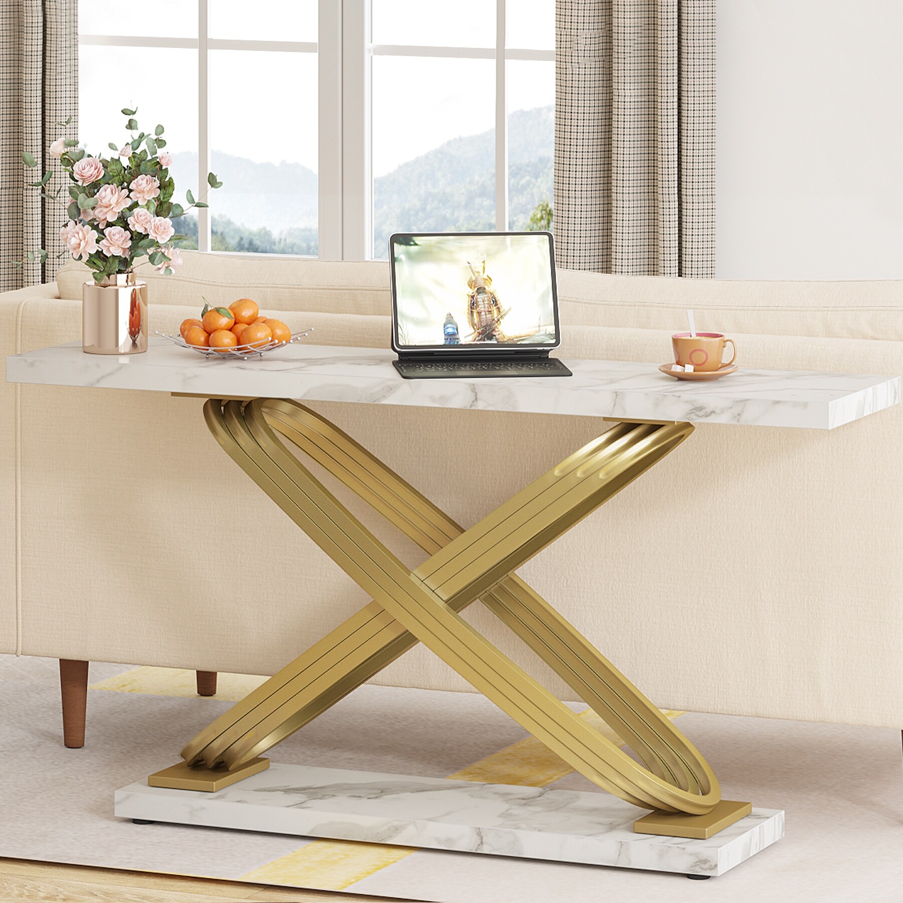 50 inch Luxury Console Table Rectangle Living Room White Sofa Entryway Table with Stainless ...