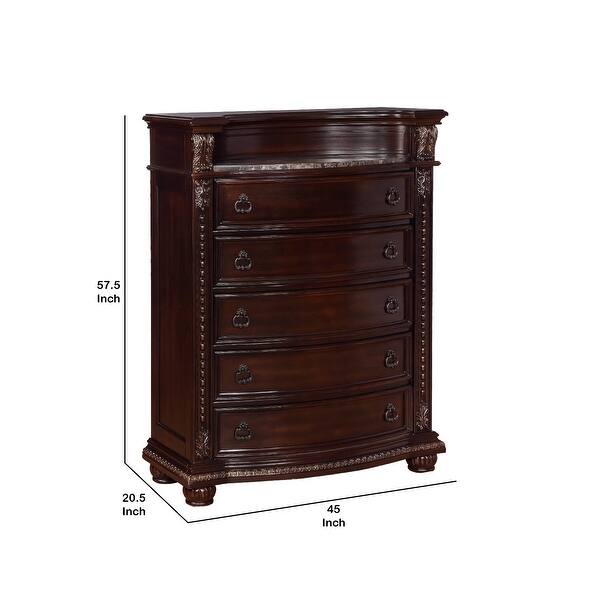 5 Drawers Wooden Chest with Engraved Details and Bun Feet, Cherry Brown ...
