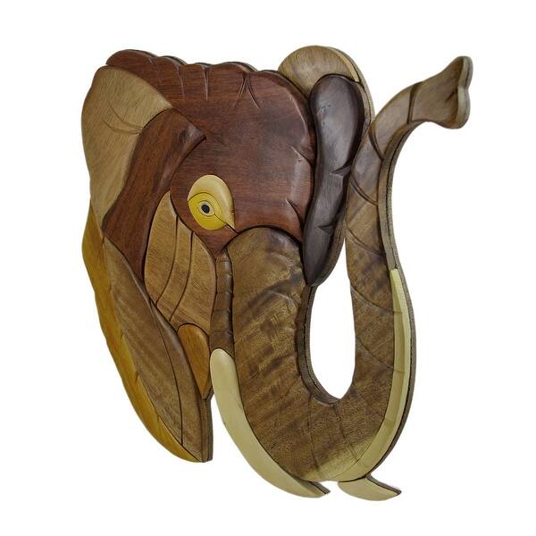 Trunk Up Elephant Head Hand Crafted Intarsia Wood Art Wall Hanging ...