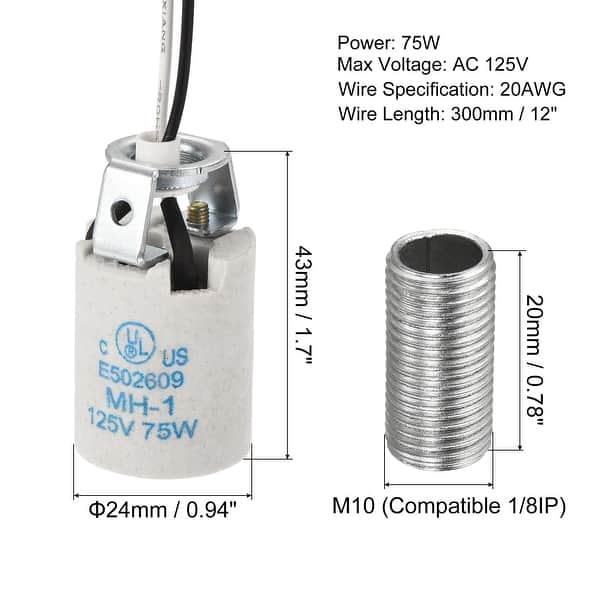 E12 Bulb Socket Ceramic Bulb Lamp Holder with M10 Lamp Pipe Nut & Wire ...
