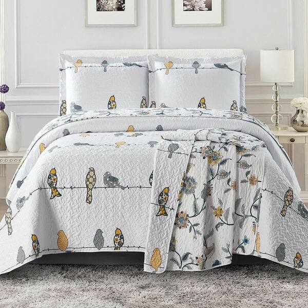 Modern Ayat Birds Oversized Bedspread Set Reversible Bed Quilt Queen ...