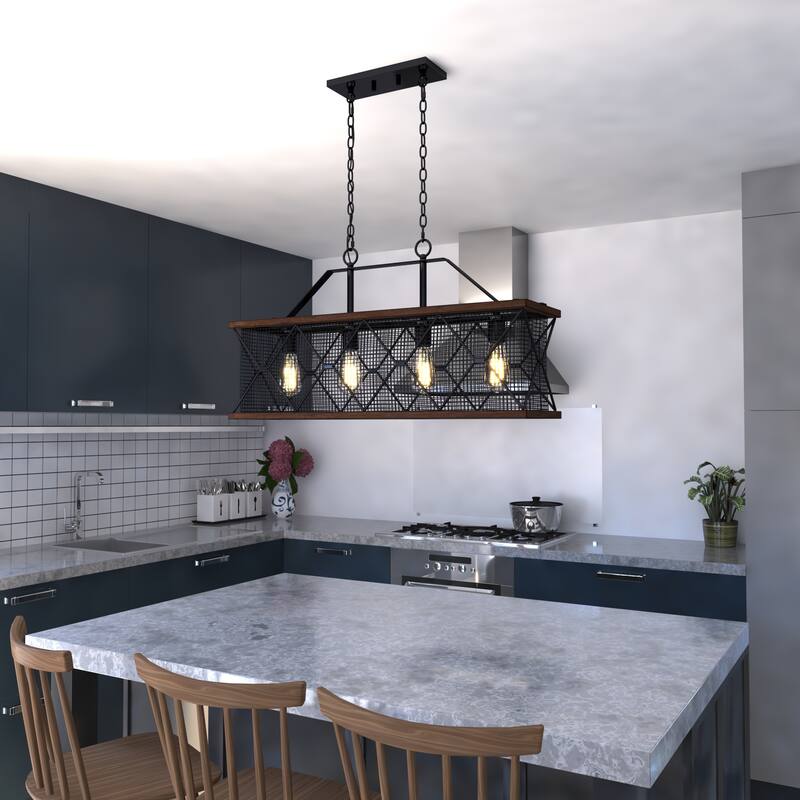 Bremerton 4L Bronze Wood Cage Linear Chandelier Island Pendant Light ...