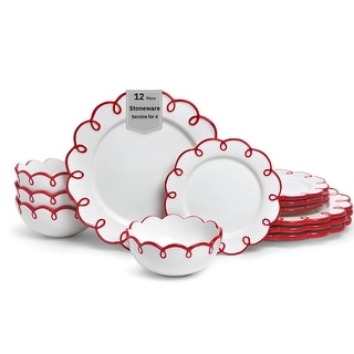 Sango Splash of Cheers 12-Piece Earthenware Dinnerware Set for 4- White with Red Scalloped Rims ...