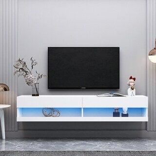 180 Wall Mounted Floating 80" TV Stand With 20 Color LEDs White - Bed ...
