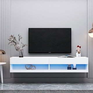 80" Wall Mounted Floating TV Stand with LED Lights and Storage Space ...