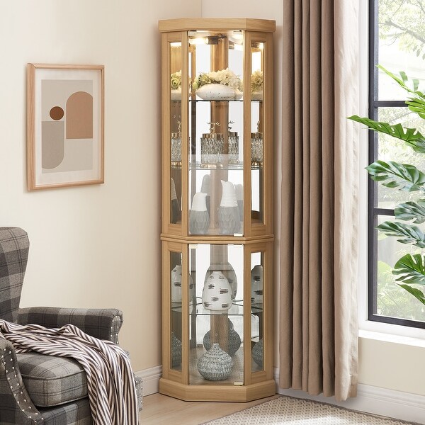 Classic Corner Glass Storage Cabinet with Bulb Glass Shelves for Antique Wine Collection Many Occasion Oak