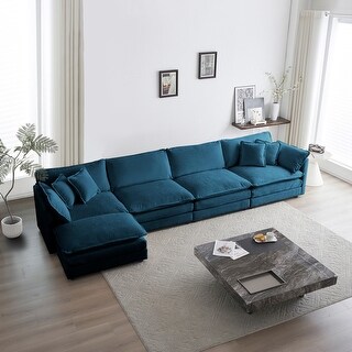 Blue L-Shape Convertible Sectional Sofa 5-Seat Breathable Chenille ...