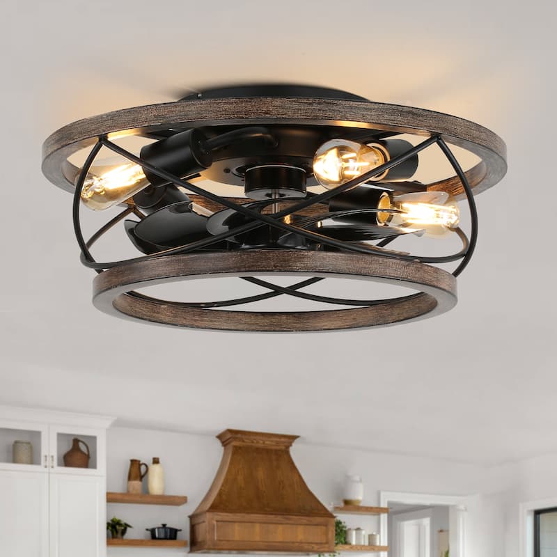 18" Rustic Wood Caged Ceiling Fan, 3-Speed Reversible Farmhouse Ceiling ...