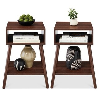 Set of 2 Mid-Century Modern End Tables w/ Cubby, Shelf - Bed Bath ...