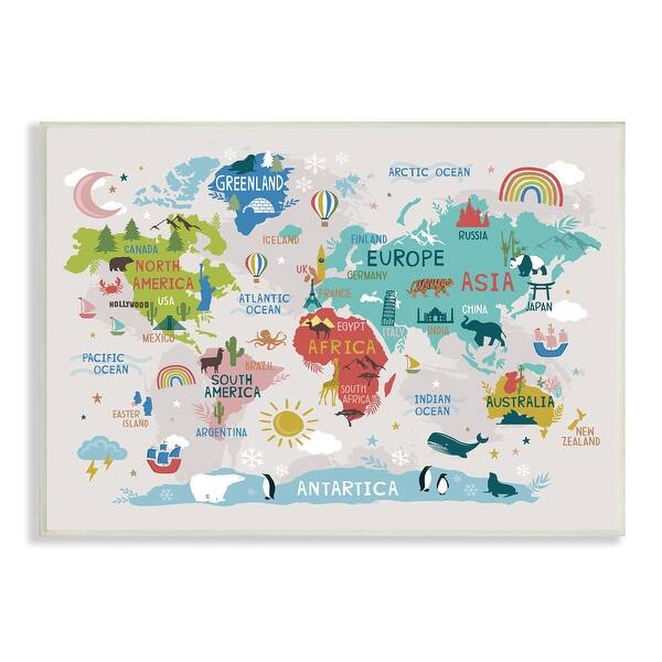 Stupell Landmarks & Wildlife Illustration World Map Diagram Chart Wood ...