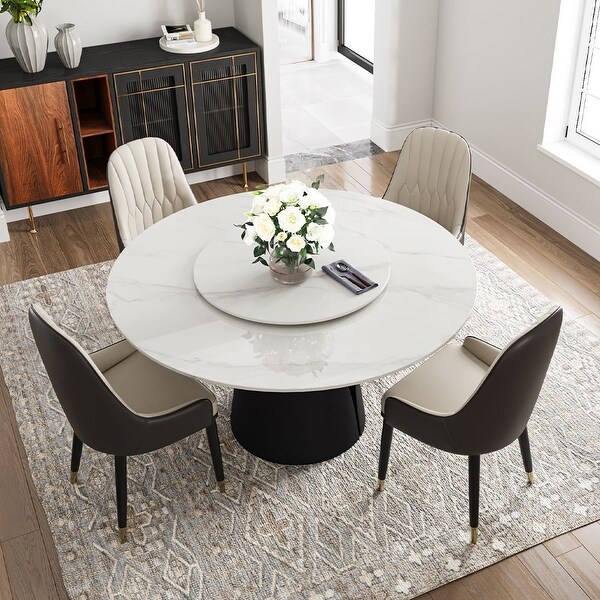 Modern Round White Dining Table Sintered Stone Tabletop Solid Black Carbon Steel Base On Sale Bed Bath Beyond 36858387