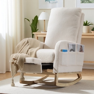 Teddy Fabric Upholstered Rocking Chair with Side Pocket and Footrest ...