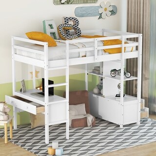 White Loft Bed with Built-in Desk with Two Drawers, and Storage Shelves ...