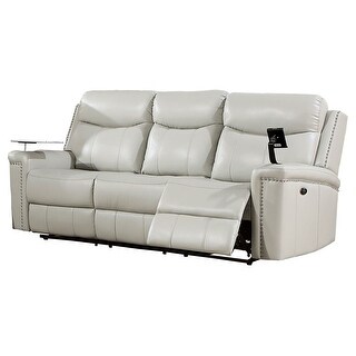 Flo 87 Inch Power Recliner Sofa, USB, Nailhead, Faux Leather, Light ...