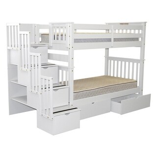 Bedz King Bunk Beds Twin over Twin Stairway, 4 Step & 2 Bed Drawers ...